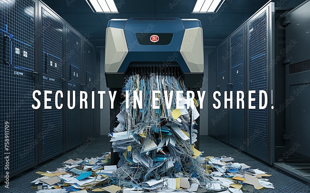 "Security in every shred" A powerful industrial shredder in a data center, overflowing with ...