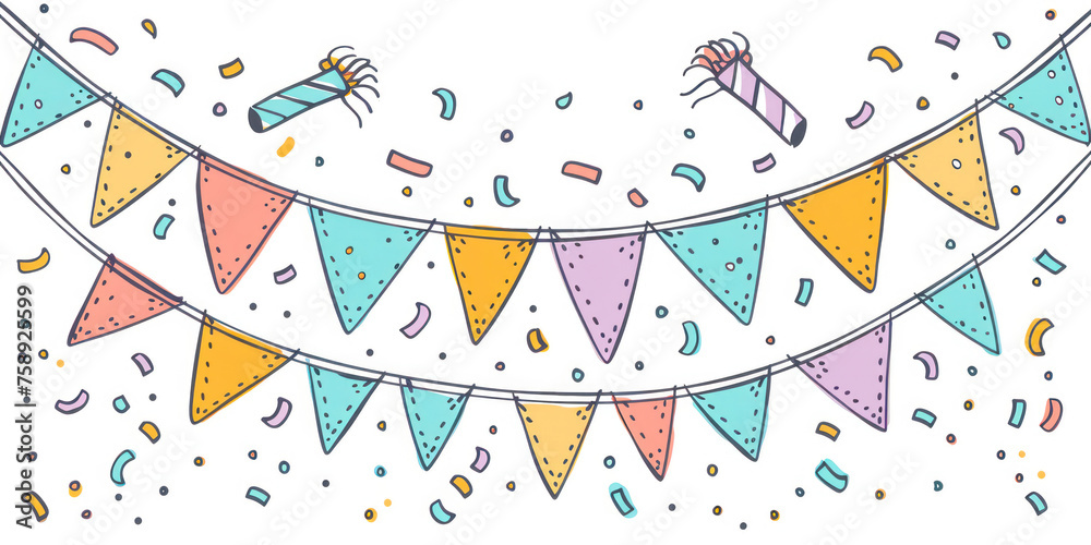 Celebrate banner. Party flags with confetti. Cartoon colourful sketch ...