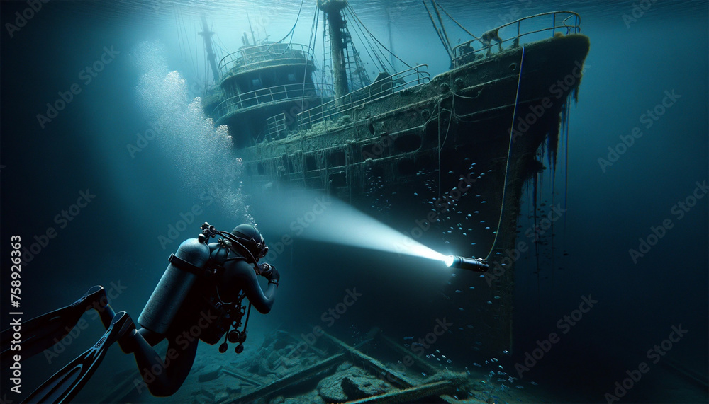 An image of a diver exploring the eerie remains of a sunken ship. A ...