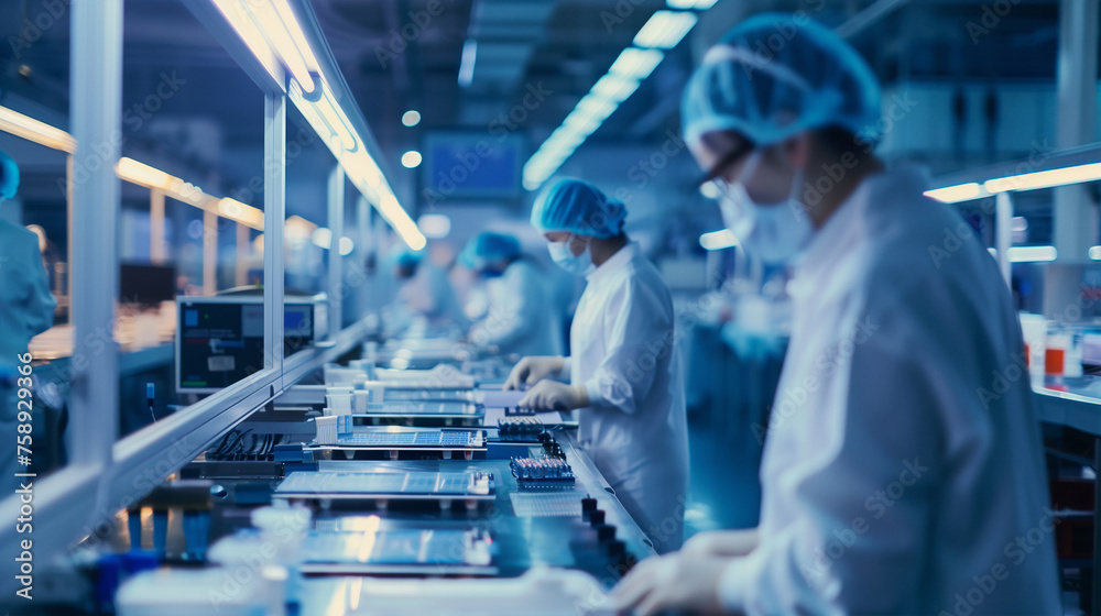 A focused assembly line in a semiconductor plant, with workers ...