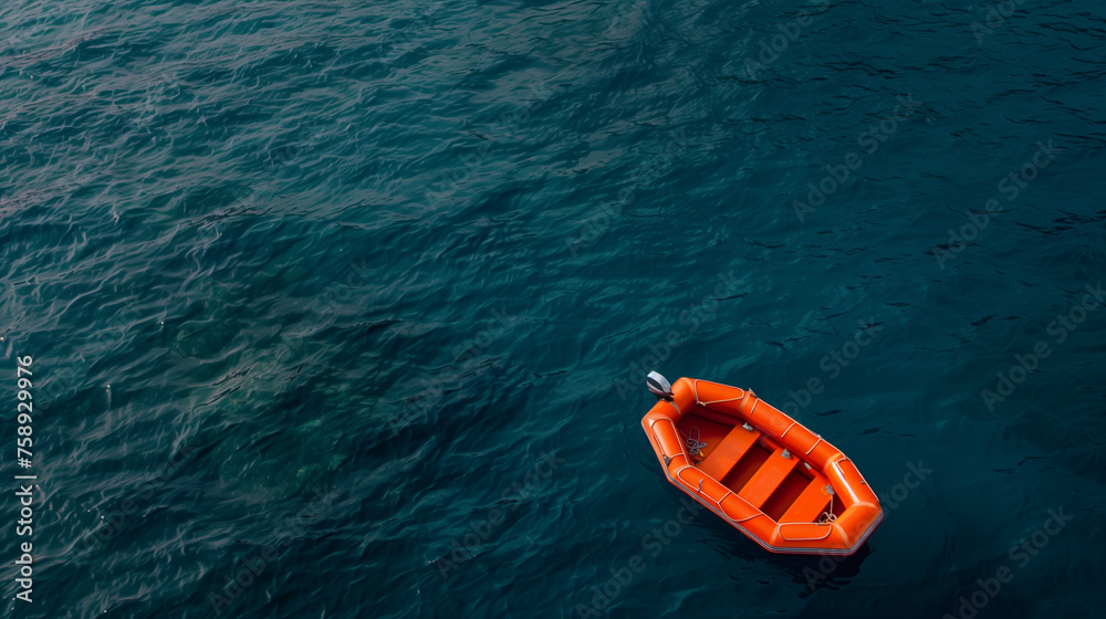 An aerial perspective of an unmanned inflatable orange lifeboat dinghy ...