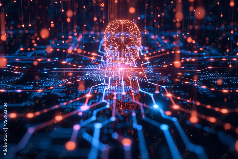 Close up neural circuit and electronic cyberbrain on the surface of a ...