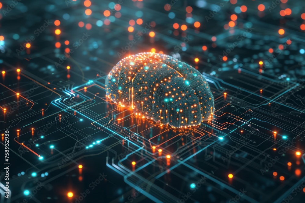 Close up neural circuit and electronic cyberbrain on the surface of a ...