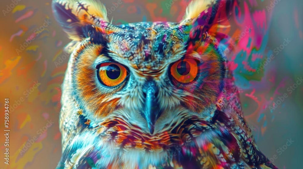 A close-up image of an owl with a vibrant and colorful background ...