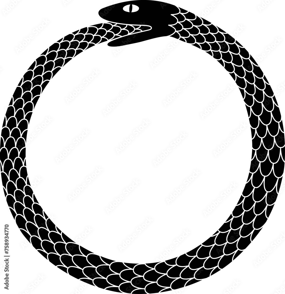 Vector hand-drawn black illustration of round Ouroboros esoteric symbol ...