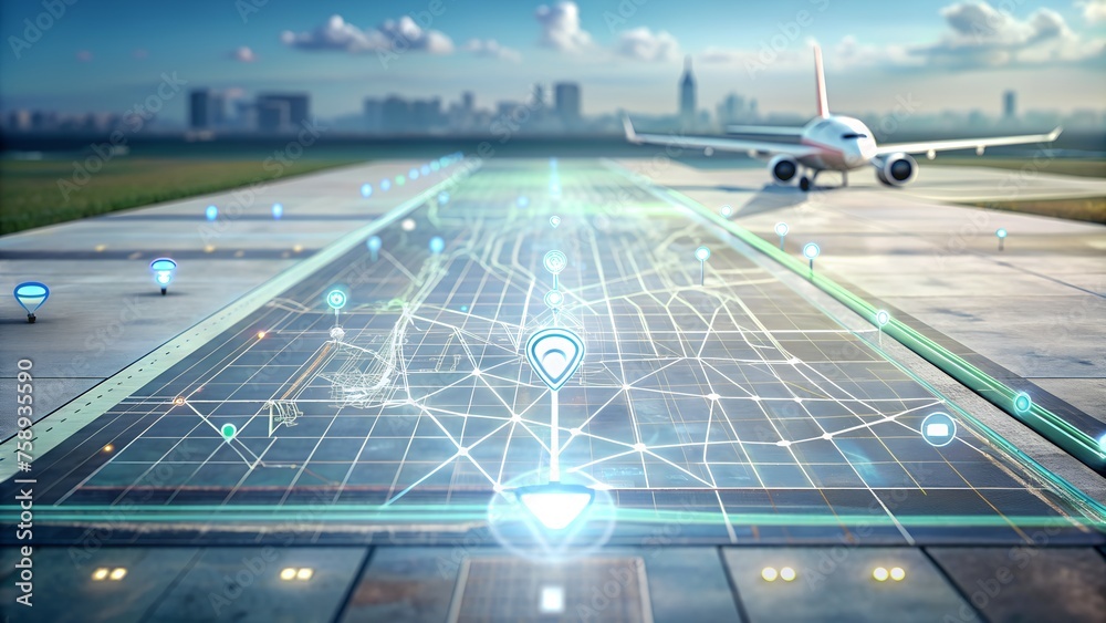 Computer Navigation Digital Maps with Runway Background Stock Photo ...