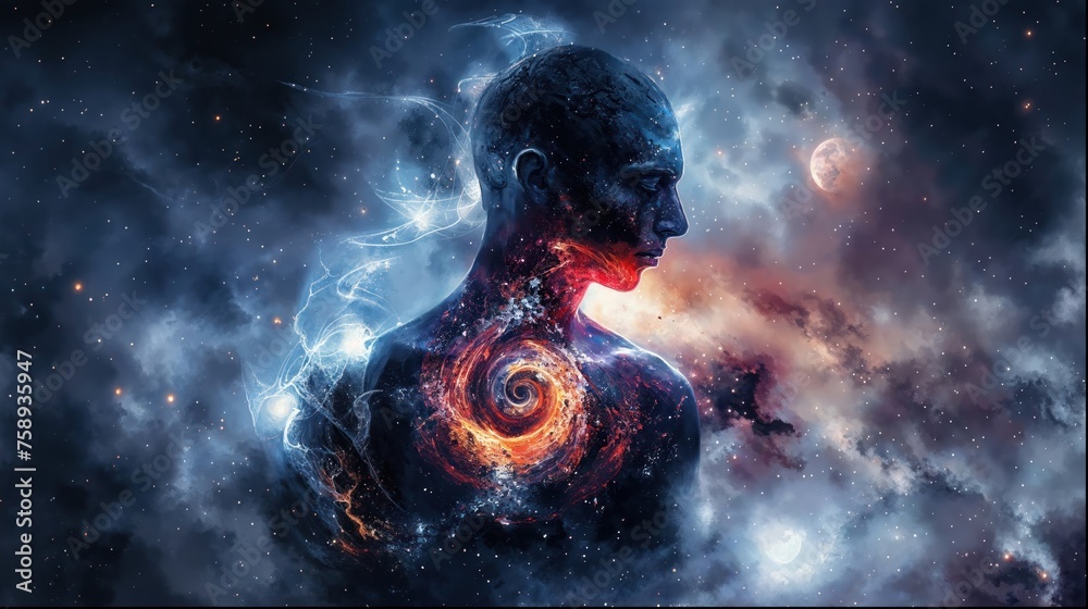 Abstract digital artwork of a human form with a galaxy at its core ...