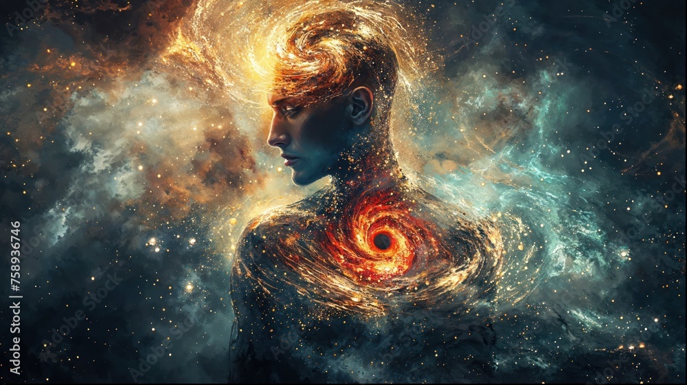 Digital art showing a human-like form with a blurred face and a vivid ...