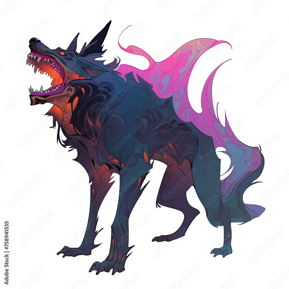 An illustration of a terrifying hellhound dog emitting pink smoke Stock ...