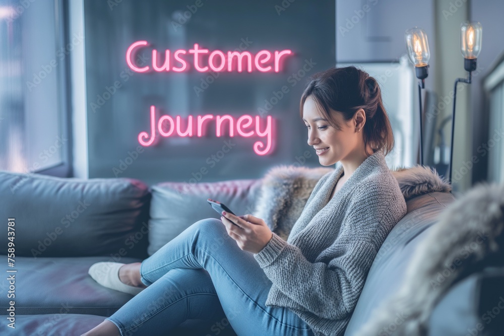 Customer Journey - a young modern woman sitting relaxed in her bright ...