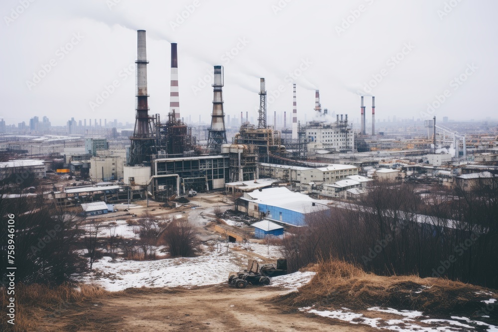 Factory chimneys pollute air, coat area in soot, people wear masks in ...