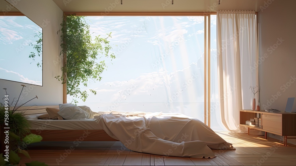 the minimalist bedroom's serene atmosphere. the soft, diffused light ...