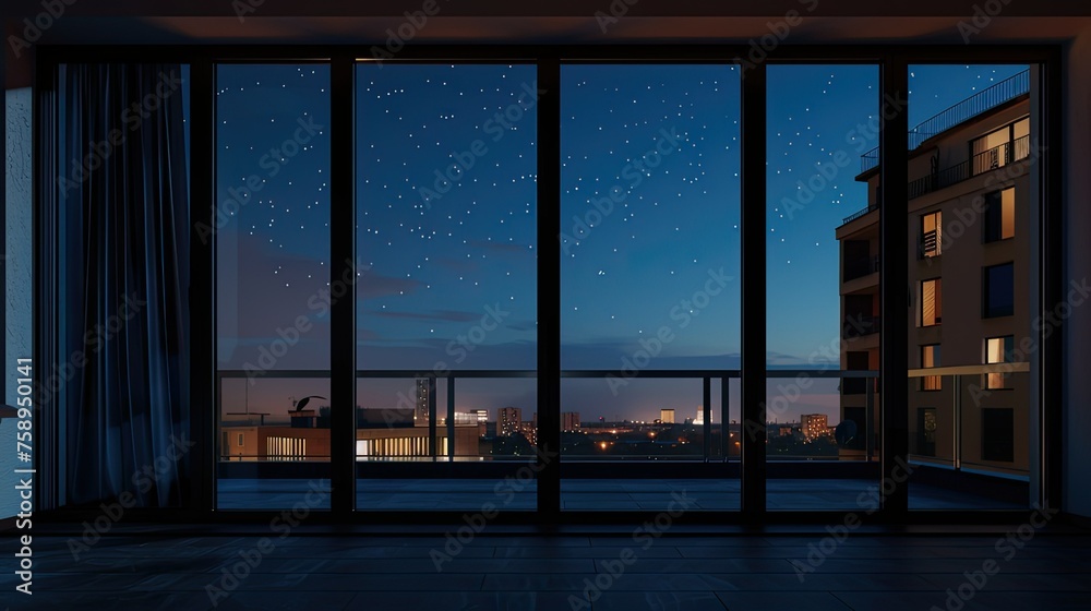 the night sky visible through the large window appears realistic by ...