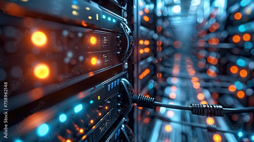 In a bustling data center, fiber optic cables and high-tech equipment ...