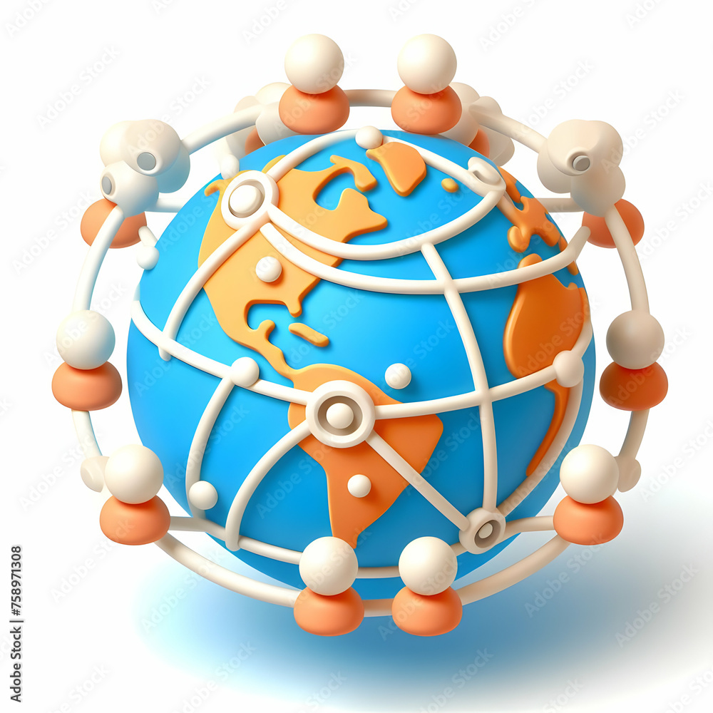 3D Flat Icon Global Networking Concept as Interconnected Nodes Spanning a Globe with white ...