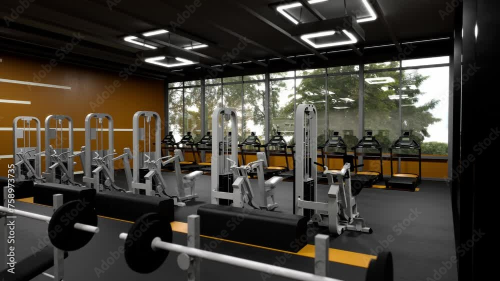 Interior Gym'S Area With Modern Gym In 3D Render Animation. Excesie ...