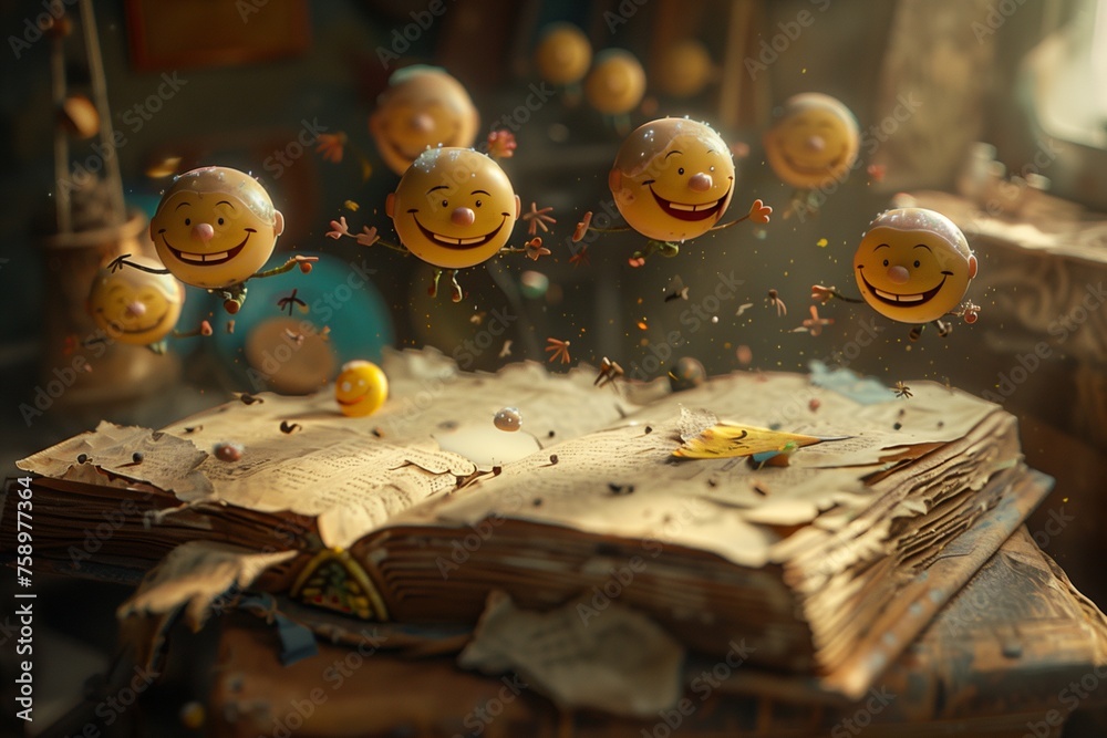 A surreal scene of miniature smileys floating above a frayed, antique ...