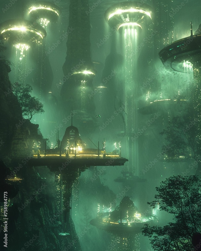 An underwater city illuminated by bioluminescent flora, where merfolk ...