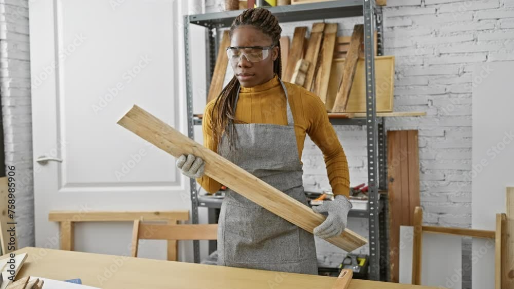 African american woman examines lumber in a well-equipped carpentry ...