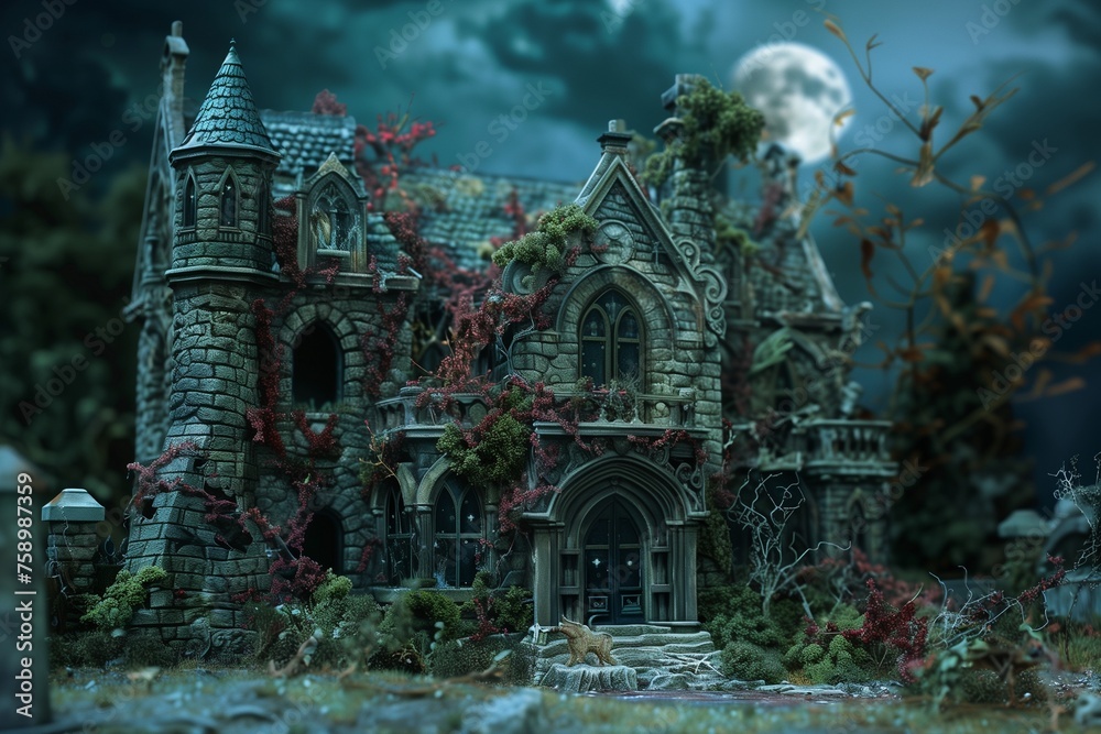 An abandoned miniature Gothic mansion, with hyper-detailed stonework ...