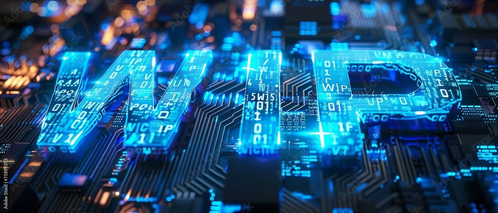 Digital blue matrix binary code forms the acronym WIP, symbolizing the ...