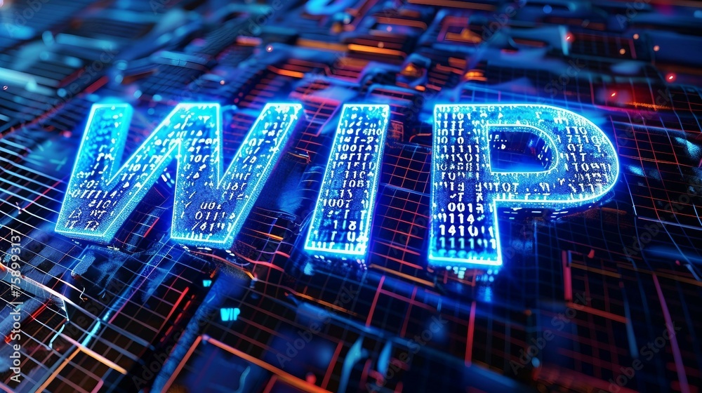 Digital blue matrix binary code forms the acronym WIP, symbolizing the ...