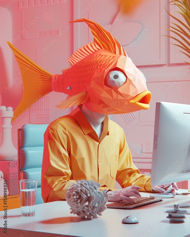 A low-poly depiction of a male figure with the head of a fish ...