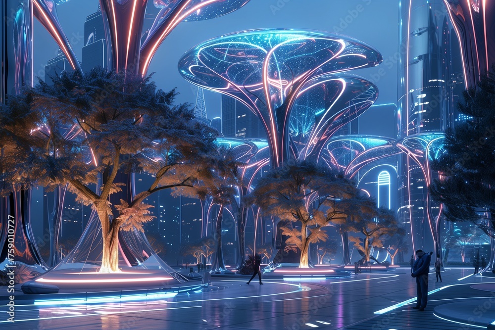 Genetically engineered, bioluminescent trees in a futuristic city park ...