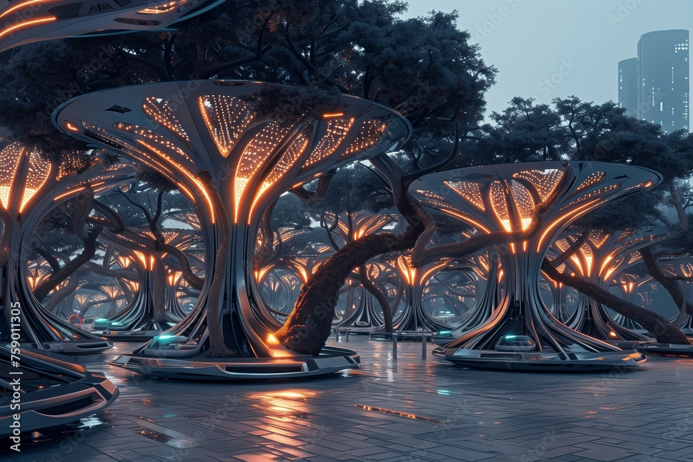 Genetically engineered, bioluminescent trees in a futuristic city park ...
