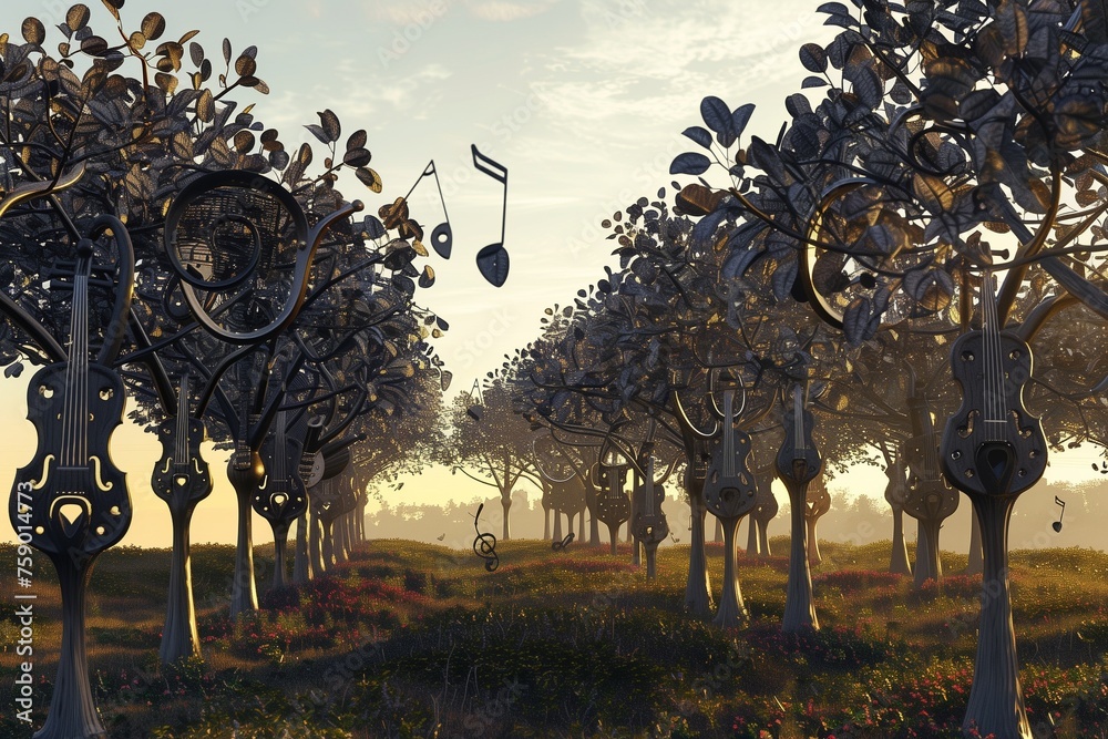 Musical instrument-shaped trees in a whimsical orchard, their leaves ...