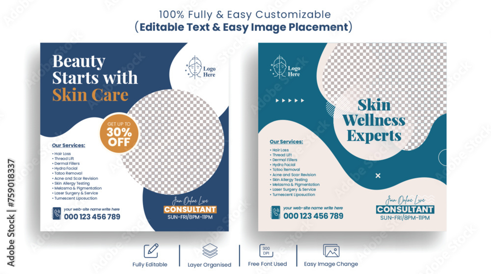 Vetor de Dermatology service clinic Instagram post and social media ...