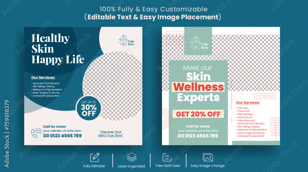 Dermatology clinic editable social media post banner and Instagram ads ...