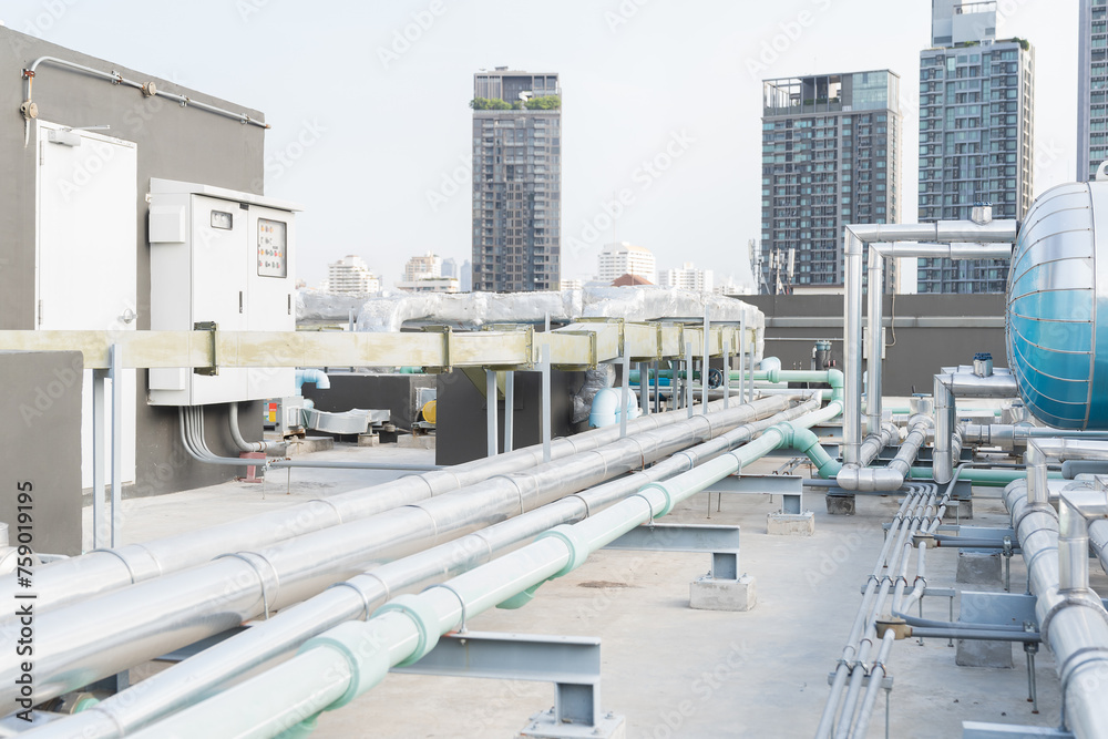 Pipes cooling AHU for ventilation. Pipes of HVAC air conditioning ...