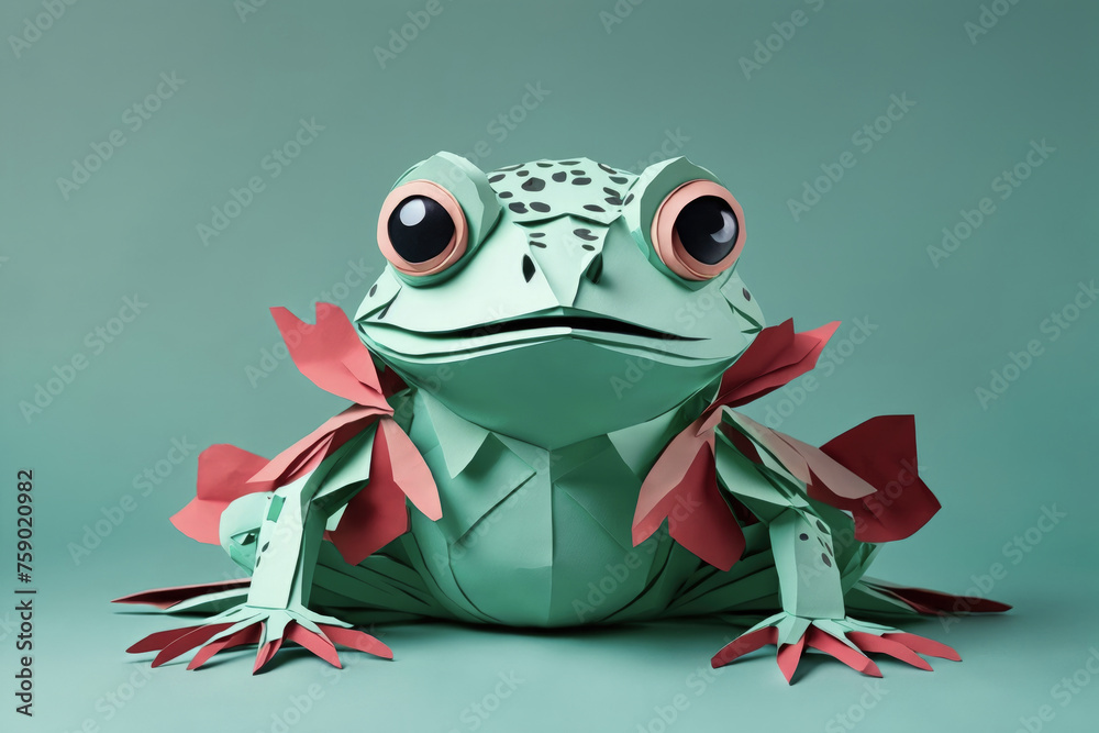 paper art style illustration of a frog cut out with green color paper ...