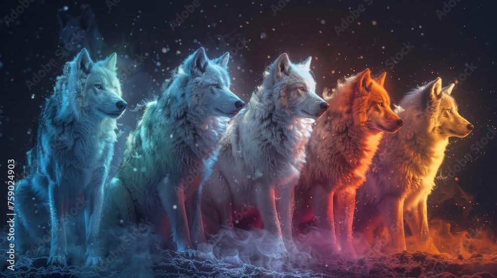 A striking digital illustration of a wolf pack, each member bathed in a ...