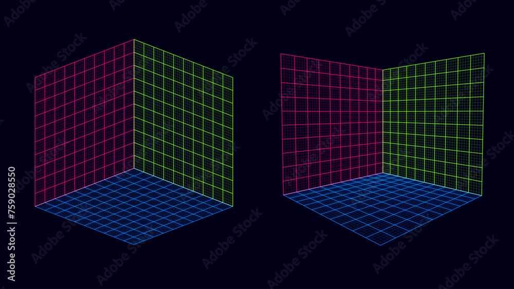 XYZ 3D Grids Perspective and Orthographic. Colored X, Y and Z Axis Planes. Red, Green and Blue ...