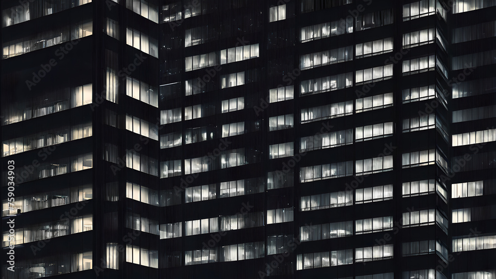 Seamless skyscraper facade with windows and blinds at night. Modern ...