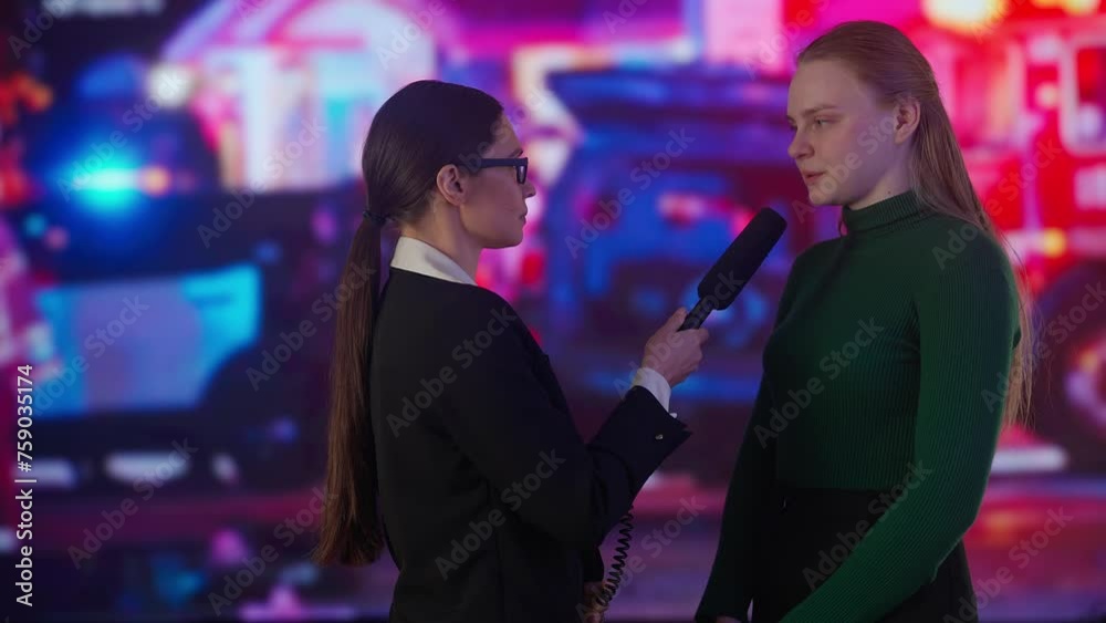 Female presenter reporting on air outside. Woman news host journalist ...