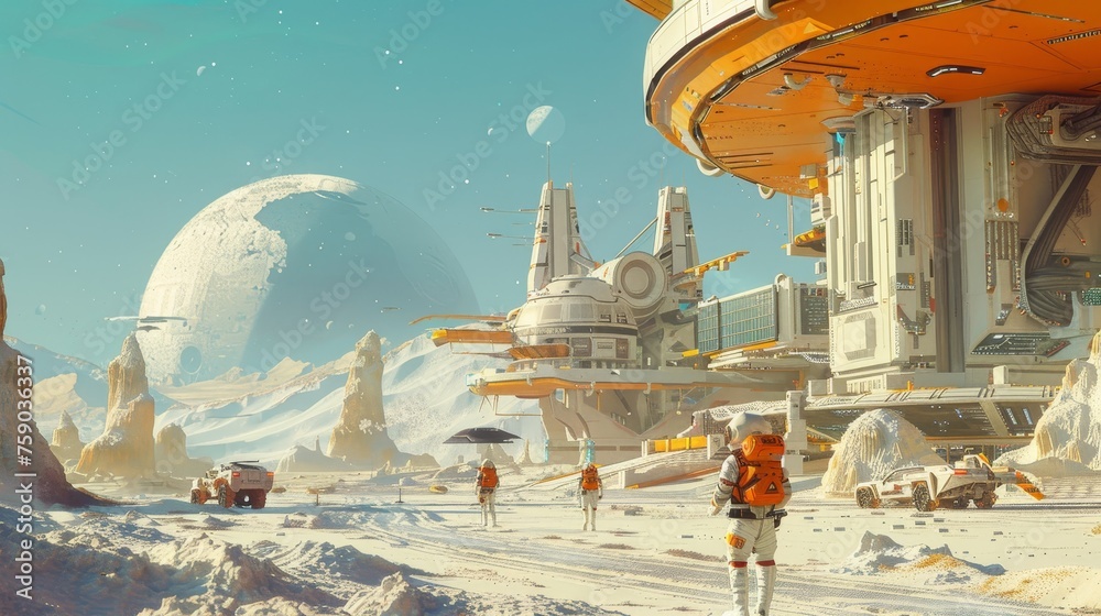 A team of astronauts traverses the icy terrain of an alien planet with ...
