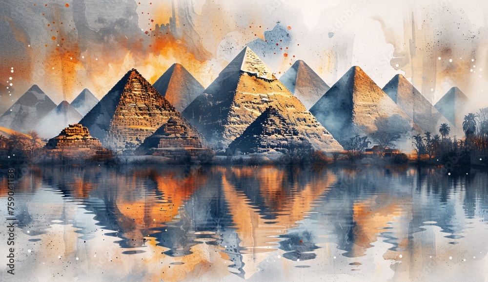 pyramids of different sizes and colors in front of a body of water ...