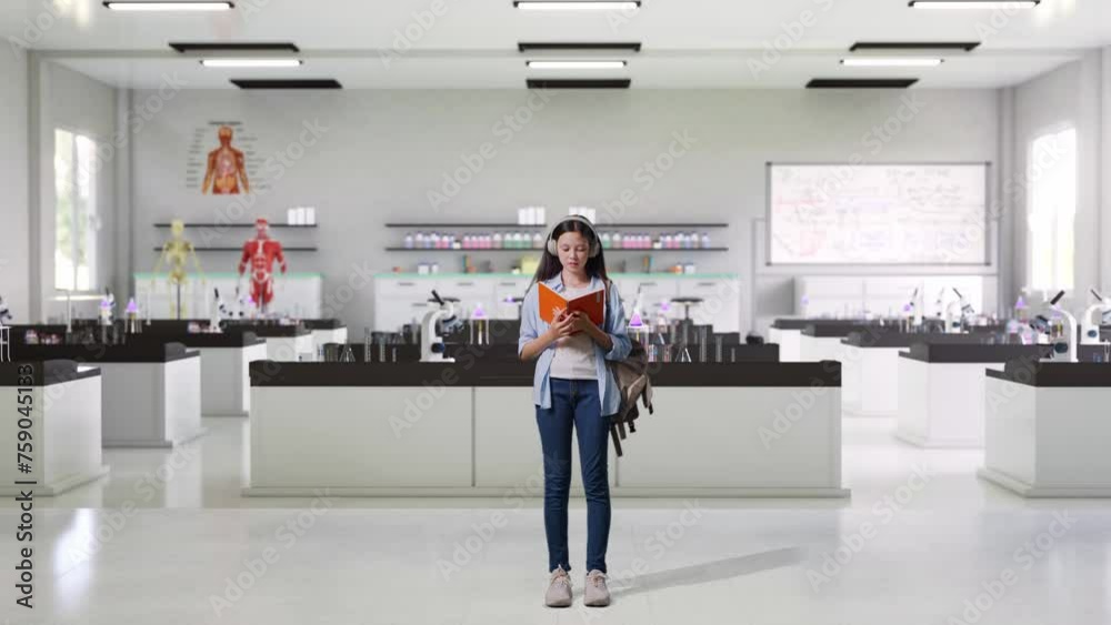 Full Body Of Asian Teen Girl Student With A Backpack Reading Book And ...