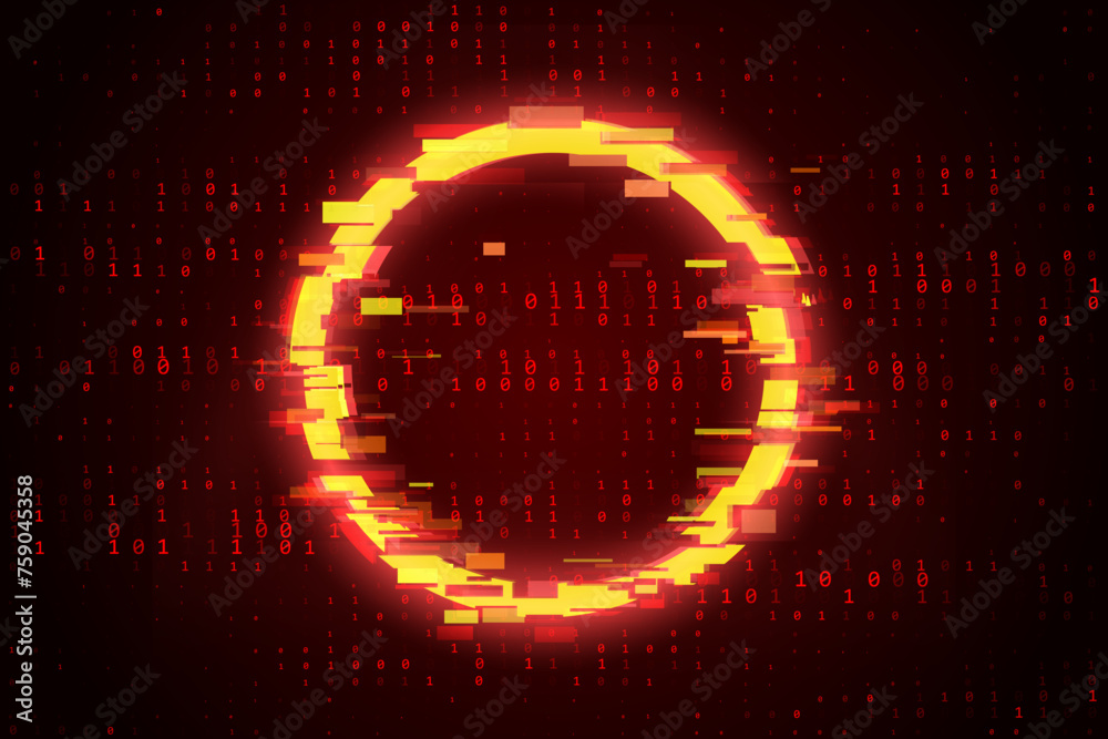 Glitched Circle Attention Symbol. Red Binary Glitch Screen Background ...