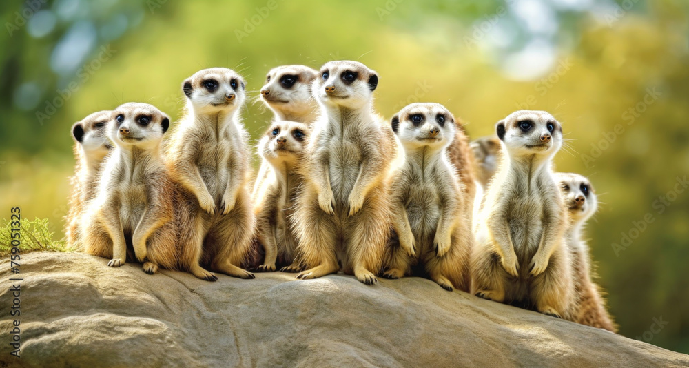 A family of meerkats, standing upright on a rock and scanning the vast ...