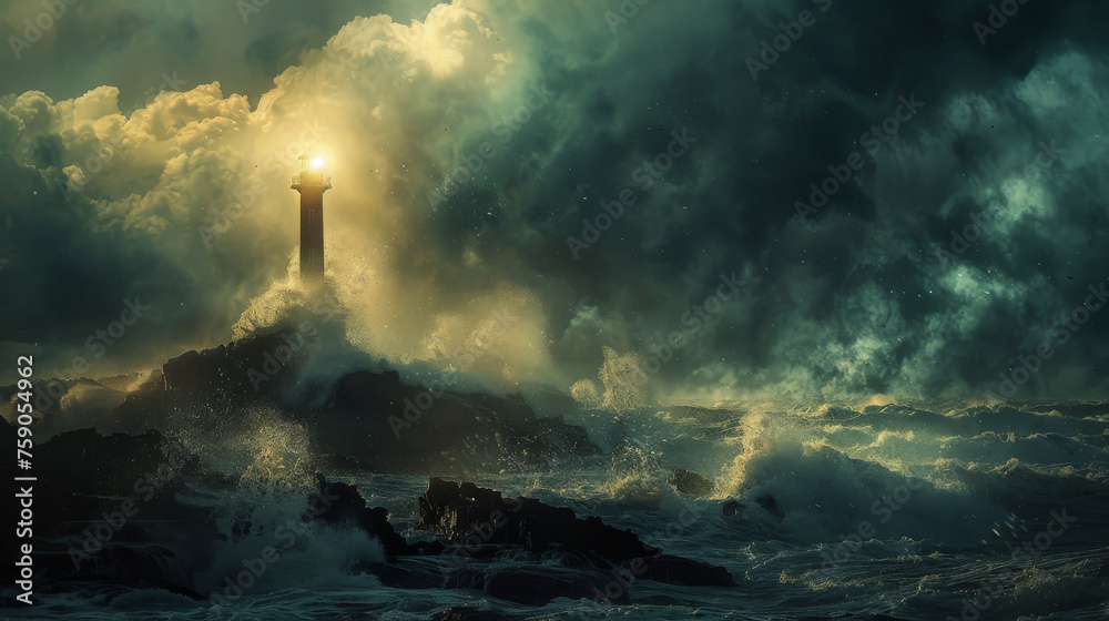 The dramatic image displays a tempestuous sea with rays of light ...