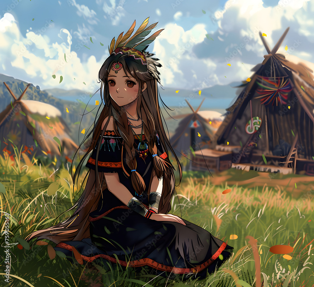 Cute Japanese Tribal Girl in a Traditional dress, sitting on a vivid ...