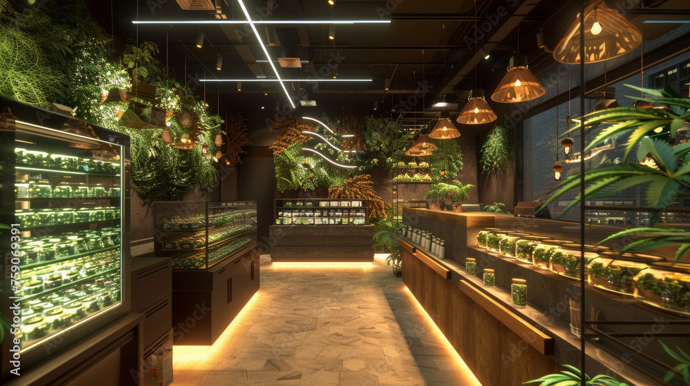 A futuristic grocery store with vertical farms and advanced LED ...