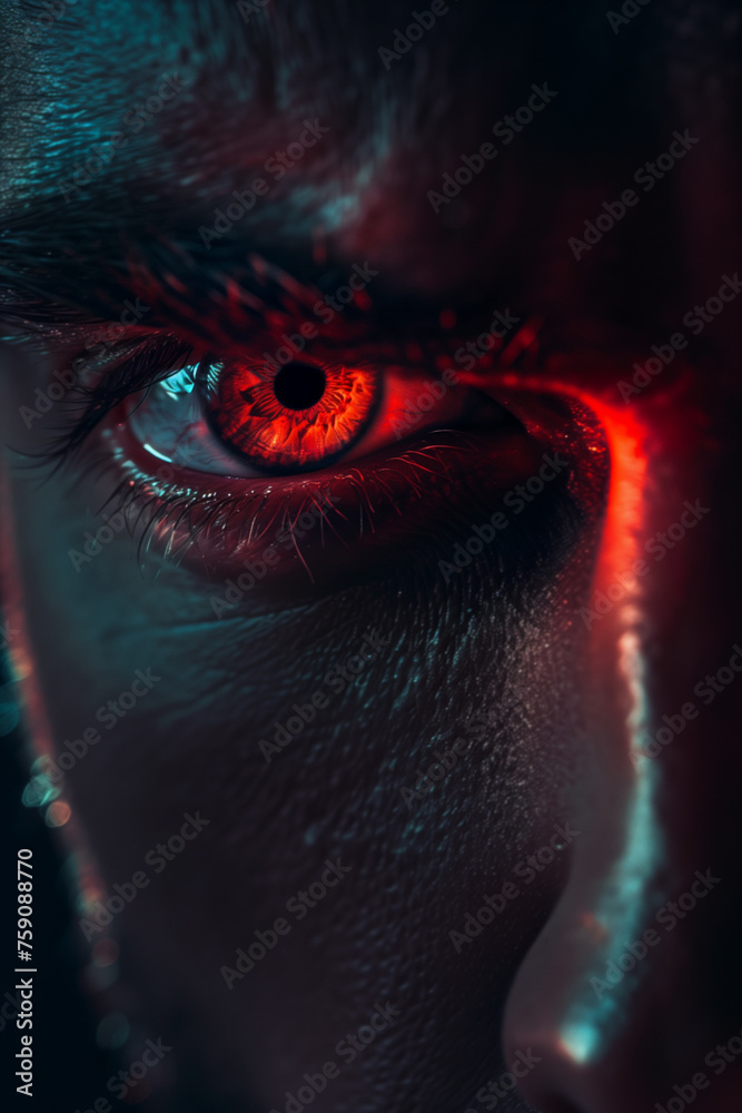 Glowing red eye of a mysterious man. Serious expression. Evil man in ...