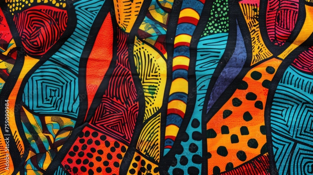 A vibrant and busy traditional African fabric design that also ...