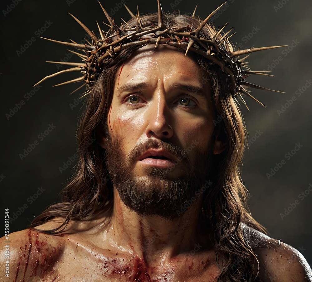 Jesus wearing crown of spike thorns, depicting suffering for the human ...