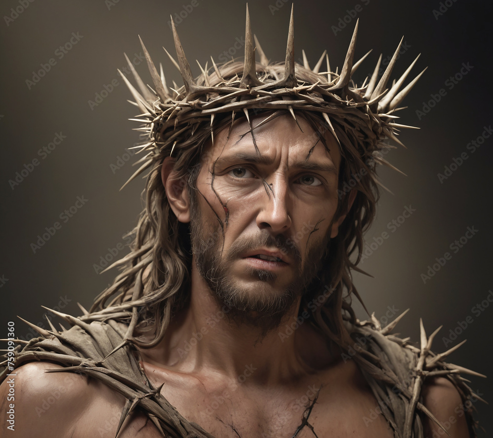 Jesus wearing crown of spike thorns, depicting suffering for the human ...